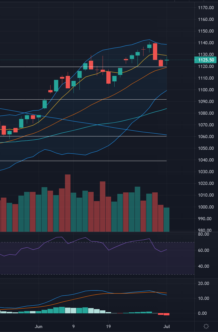Chững nhịp khi chạm MA20, VN-Index đi ngang với mẫu nến Doji
